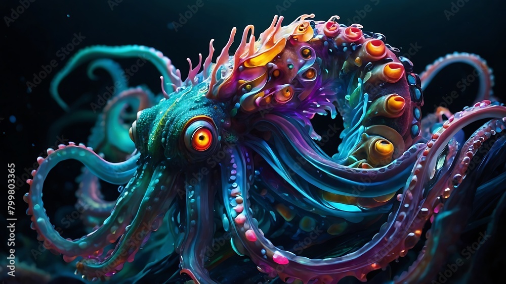 Colorful giant squid in the deep sea, a mysterious creature that has ...