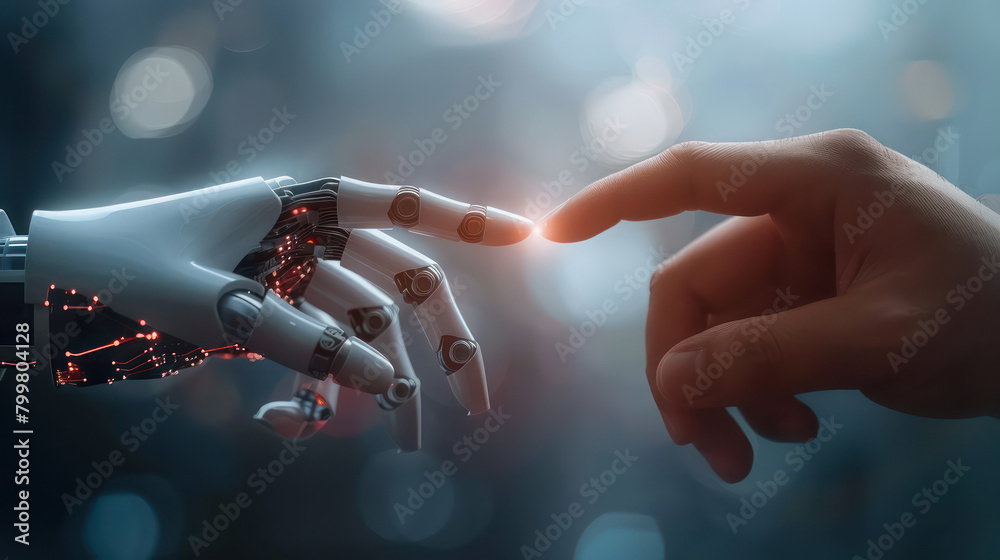 Human hand reaching out to touch the finger of an AI robot, symbolizing human and artificial ...