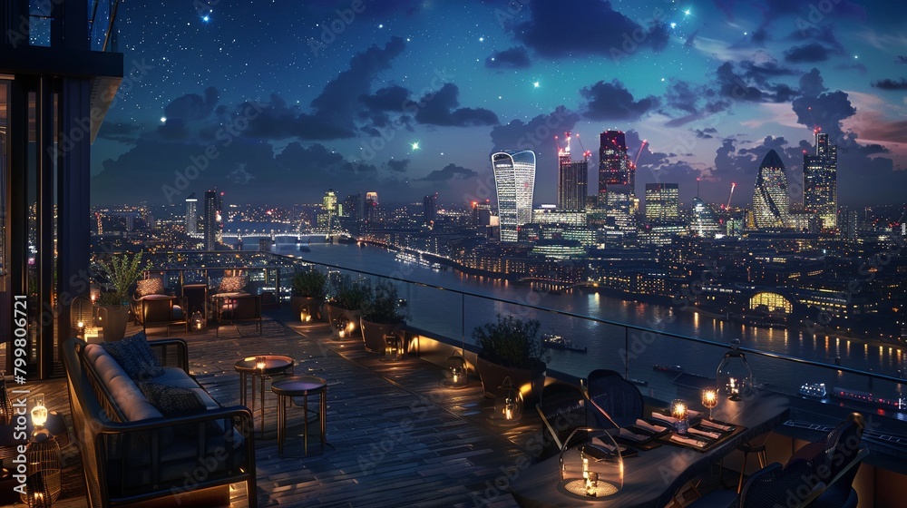 Contemporary rooftop bar, where cityscape views at night provide a ...