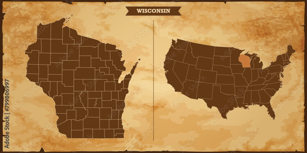 Wisconsin state map, United States of America map with federal states ...