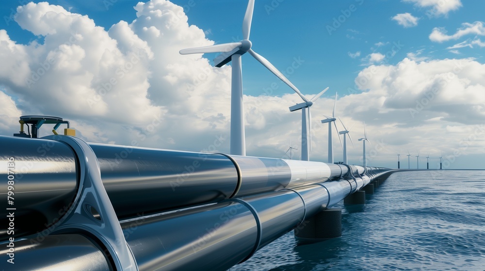 Offshore wind turbines and hydrogen pipeline. Renewable energy ...