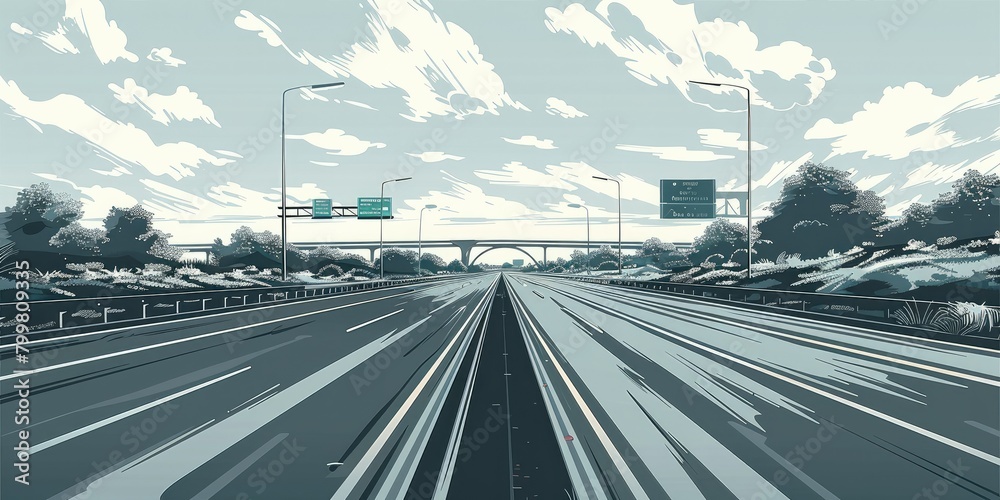 Sketch of a modern highway with 4 lanes going, 4 lanes coming, road ...