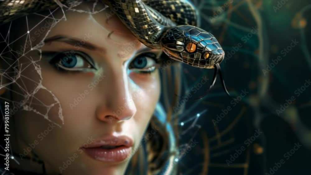 Vidéo Stock Striking blue eyes gaze through metallic snake adornments ...
