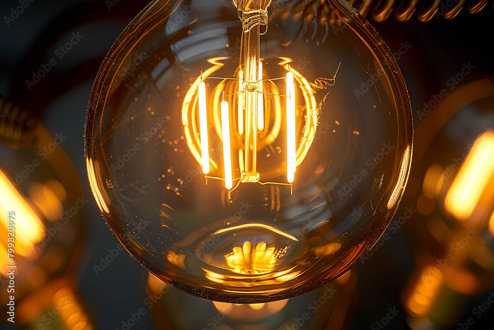 Italian vintage bulb seen from below, focusing on the glowing filament ...