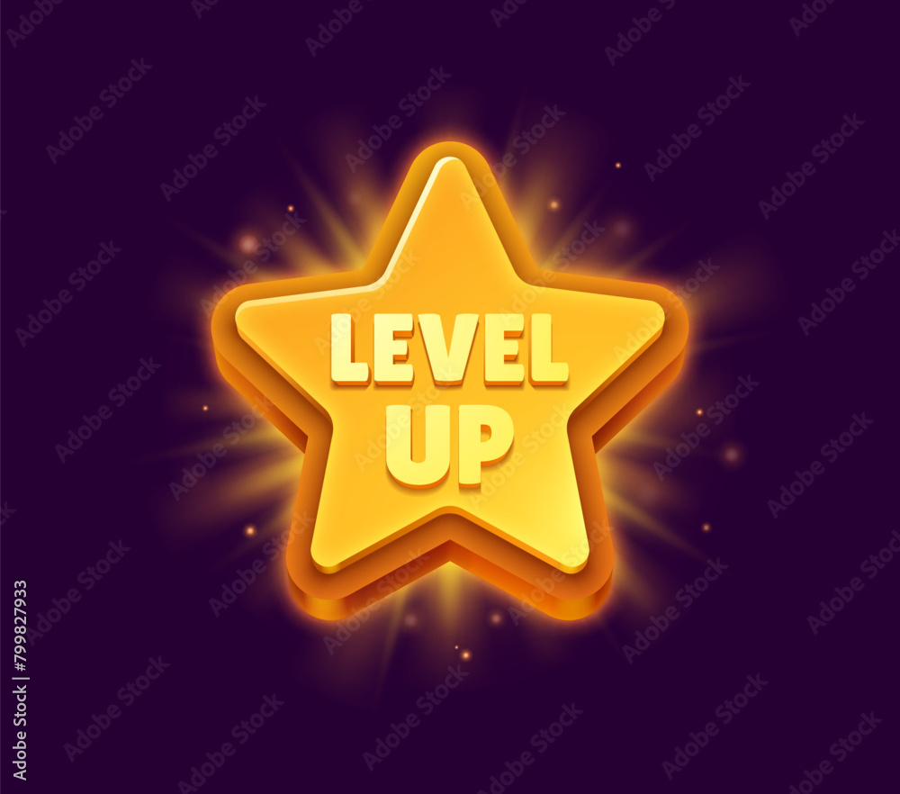Level up rank, game reward star rate icon. Isolated cartoon vector golden badge, award ui medal ...