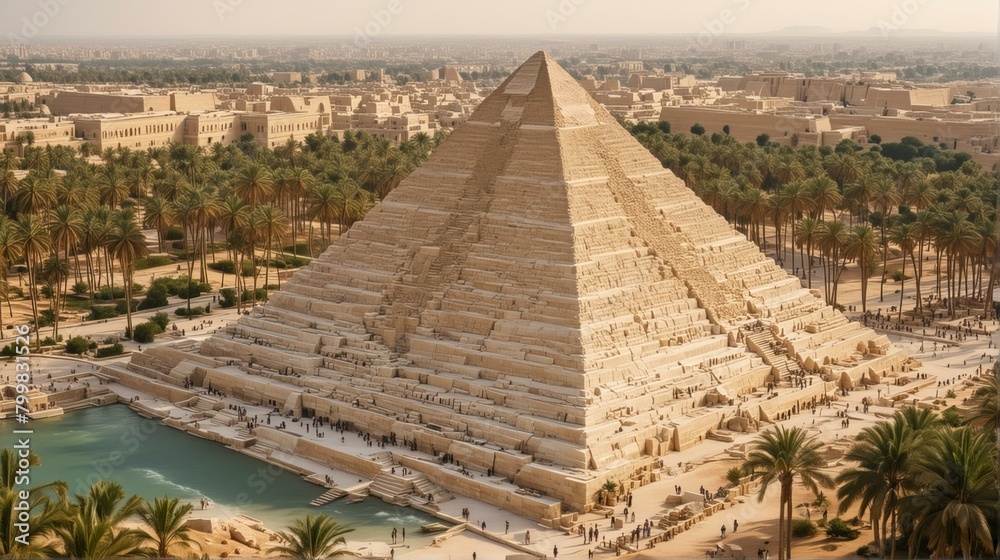 Egyptian pyramids in ancient times near the Nile River and palm trees ...
