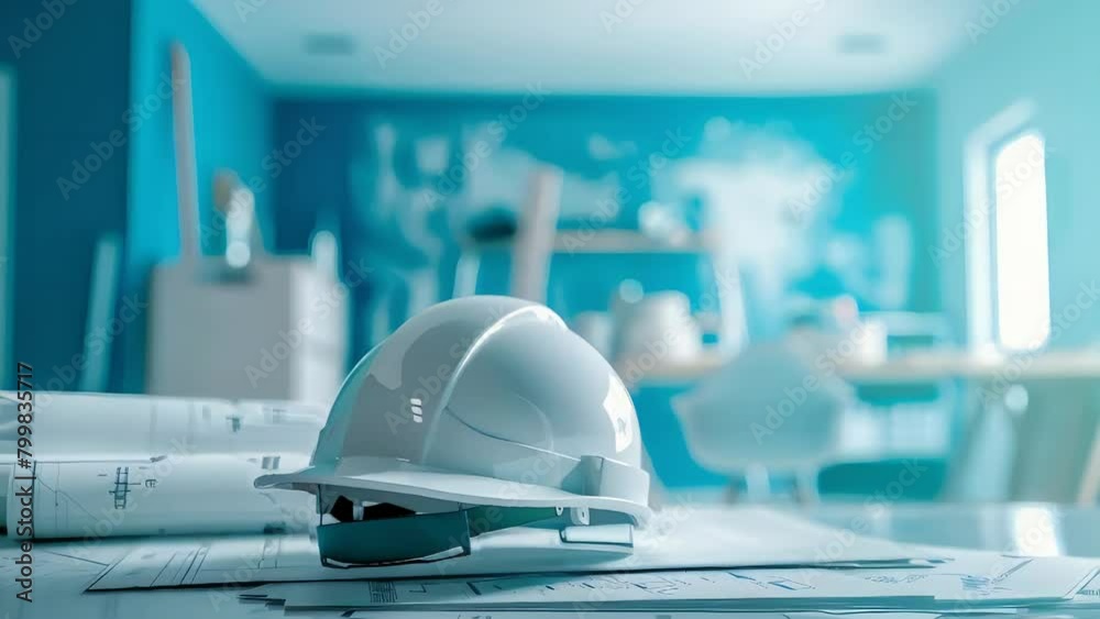 Dynamic 3D animation featuring construction helmets, blueprints, and ...