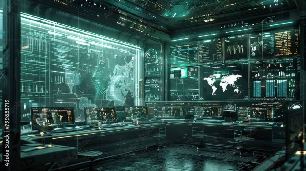 The inside of a futuristic secret military base with screens showing ...