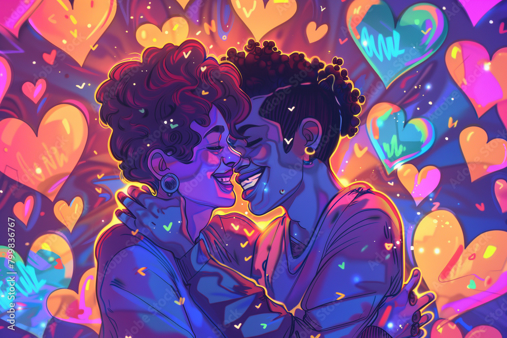 heartwarming tableau of LGBTQ couples laughing and embracing amidst a ...