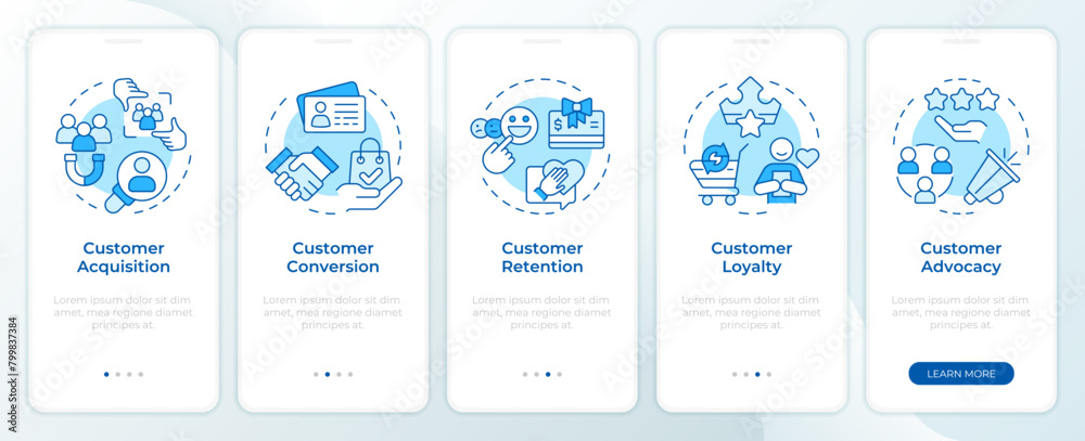 Customer relationships blue onboarding mobile app screen. Walkthrough 5 ...