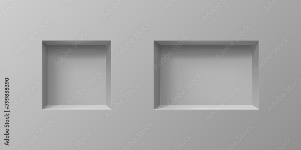 Grey wall 3D niches of box shelf and gallery display frames, vector ...