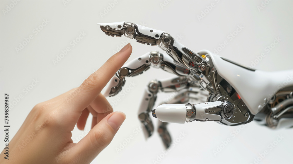 A robotic hand gently touching the finger of a human hand, symbolizing ...