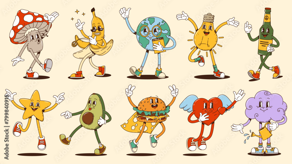 Cartoon hippie groovy characters, globe and beer bottle, star and ...