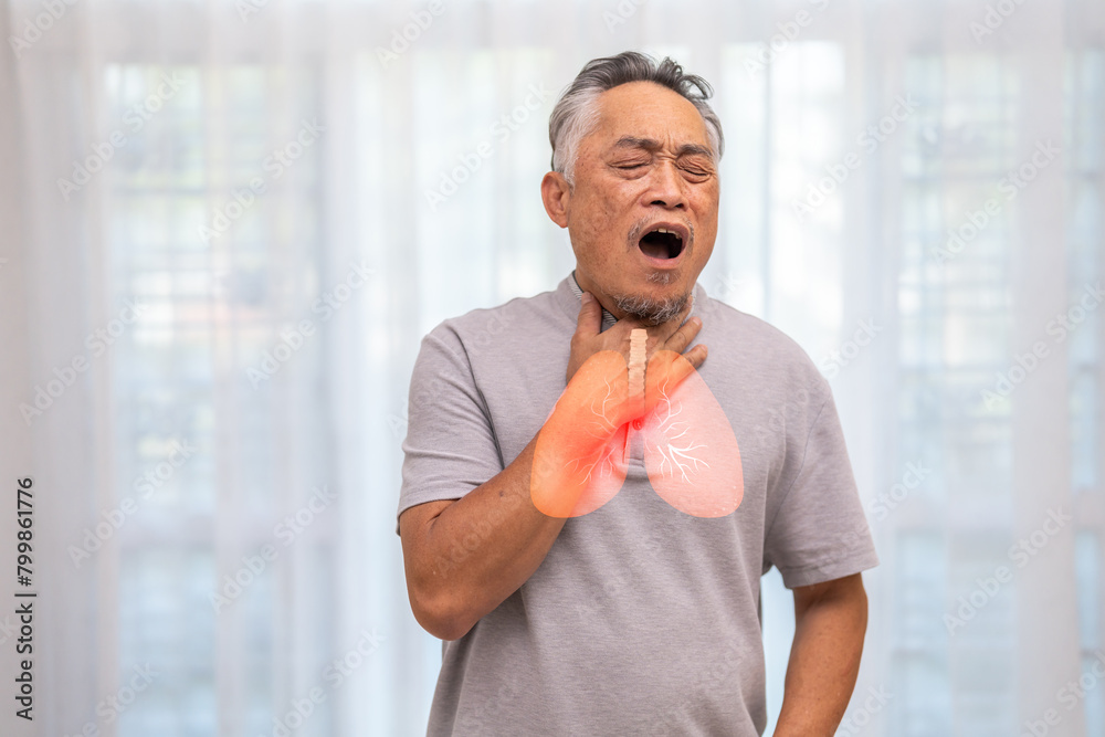 Sick senior man touching neck unwell coughing with sore throat pain ...
