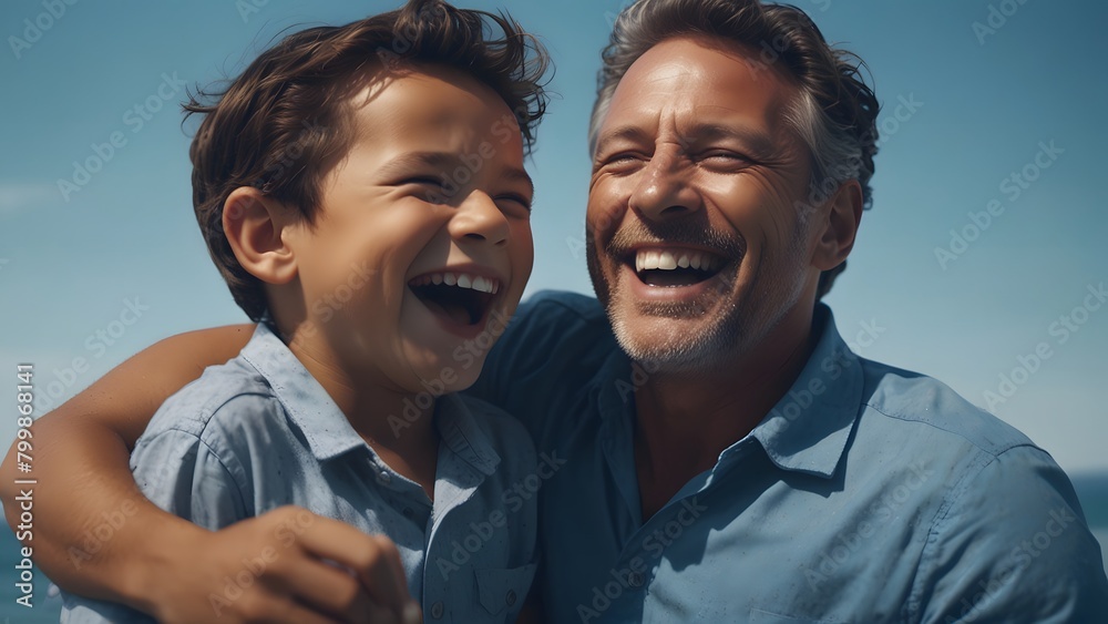 Father and son laughing together, clear blue background, happy fathers ...