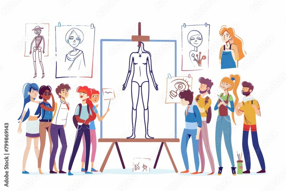 Cartoon cute doodles of a figure drawing class in an art studio, with ...