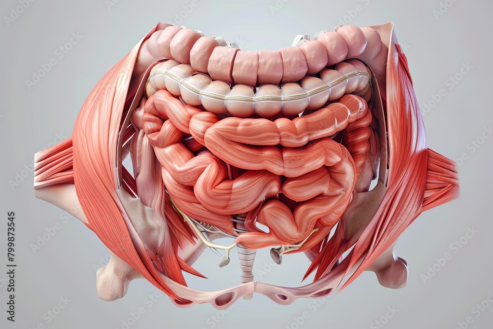 Scientific 3D illustration of abdominal muscles depicting hernias, with ...