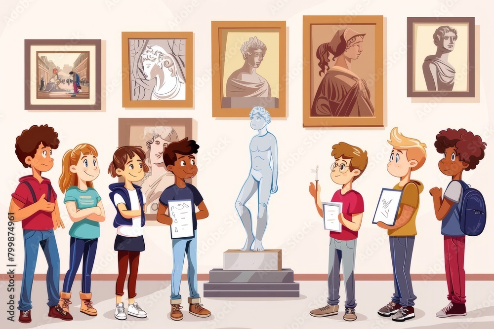 Cartoon cute doodles of an art class field trip to a museum, with ...