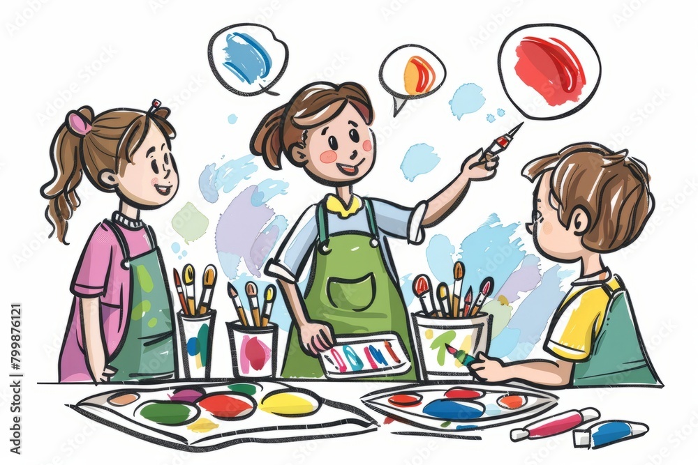 Cartoon cute doodles of an art class studying art history, with ...