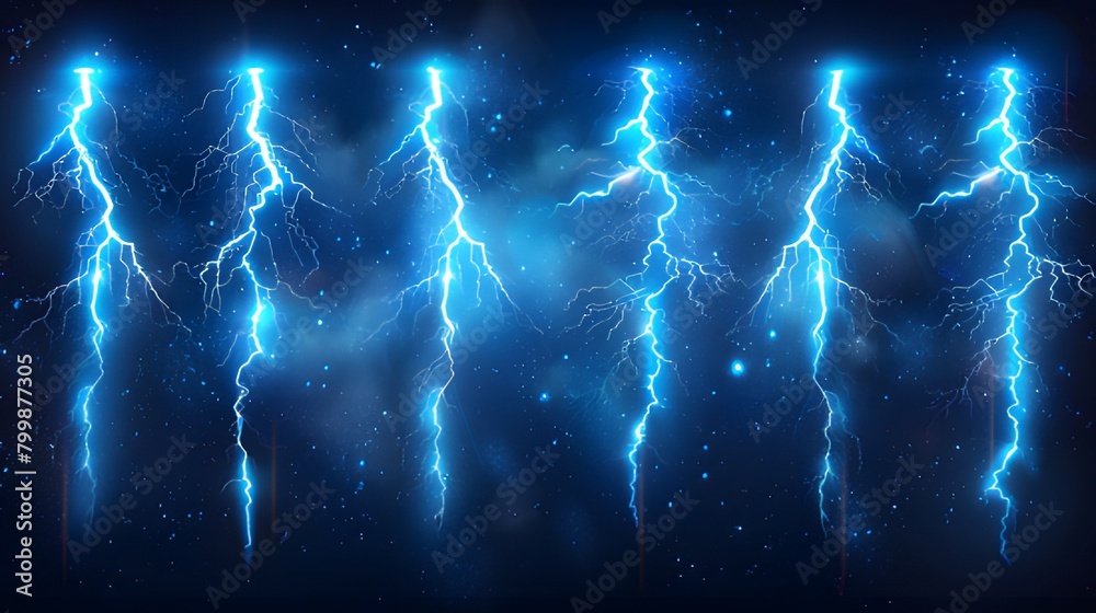 Synchronized Blue Lightning Bolts on Dark Background, Multiple blue ...