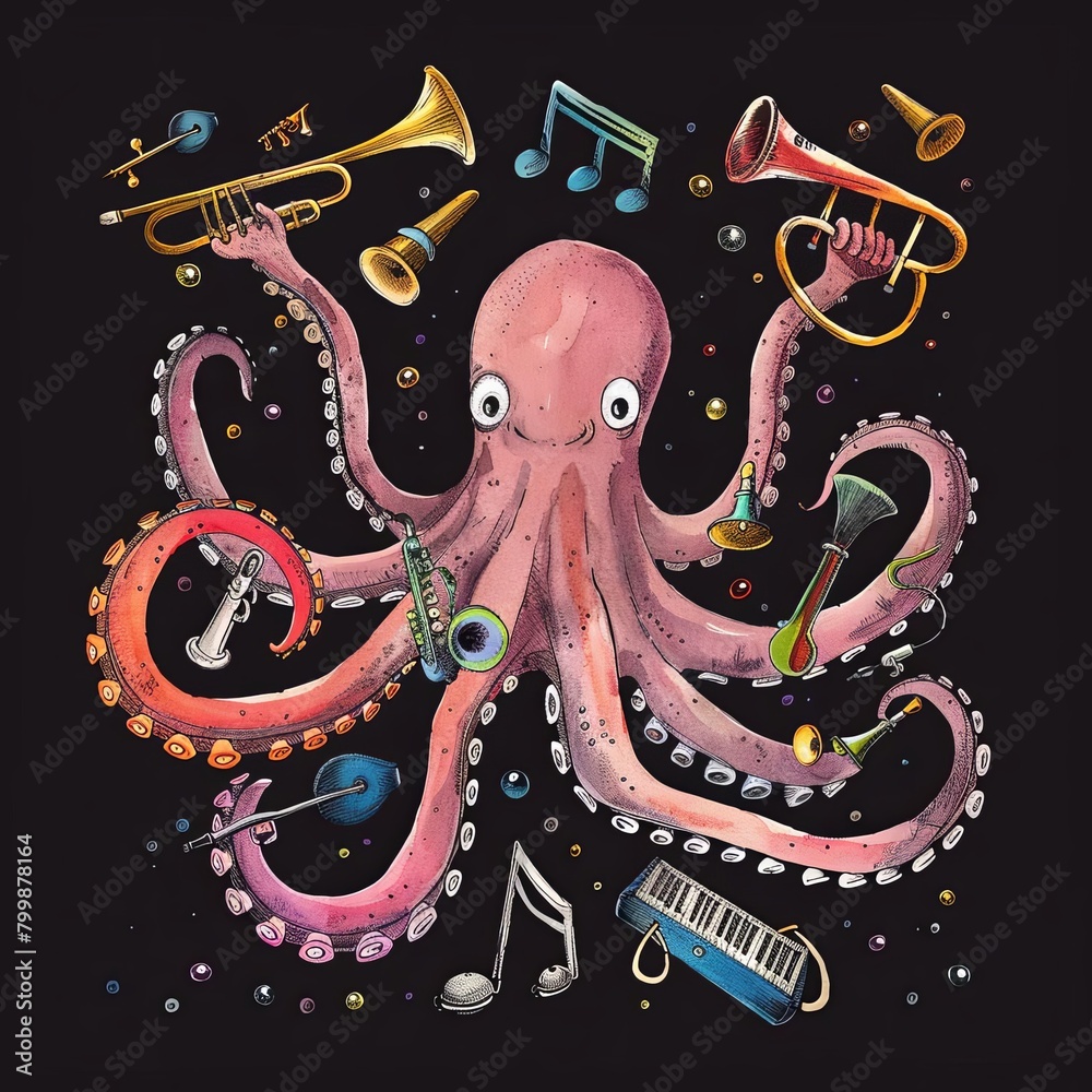 A child's drawing of A plush octopus with each arm holding a different ...