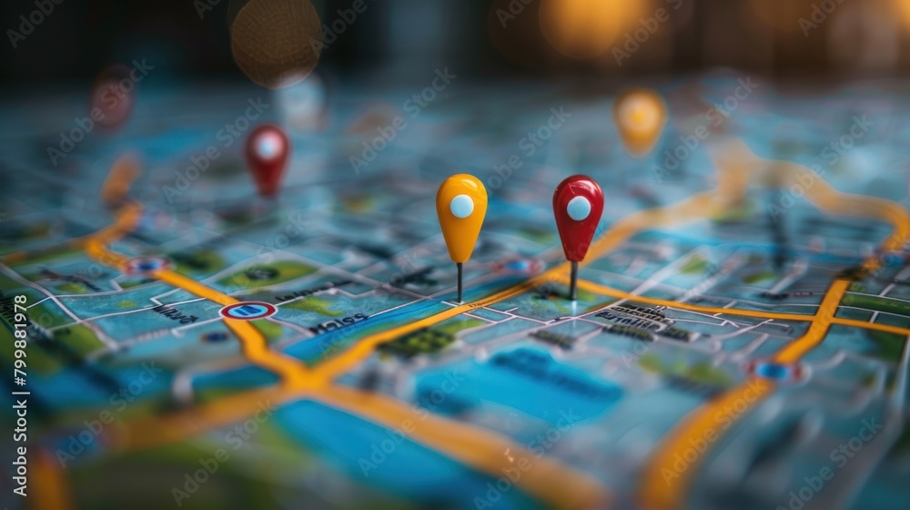 Detailed maps decorated with colorful pins showing starting points and ...