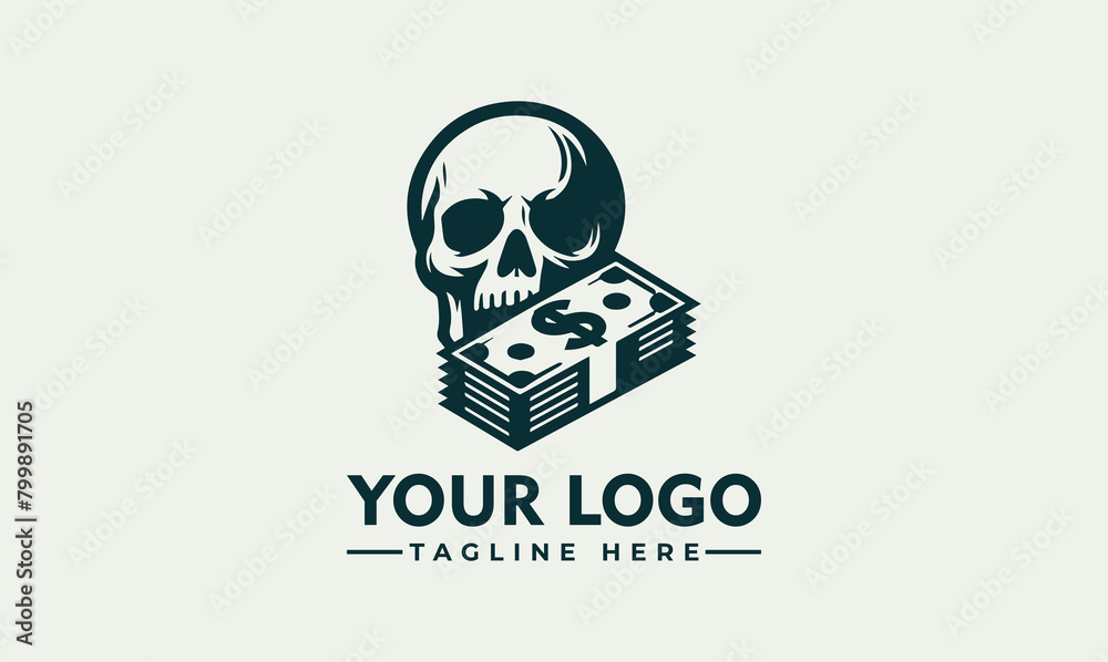 Money monochrome vintage label with roll of dollar bills skull in ...