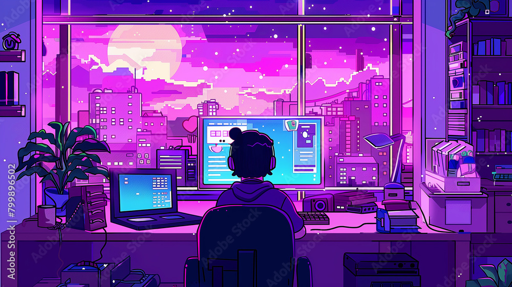 16-bit pixel art in purple and pink, a scene of a computer in a cozy ...