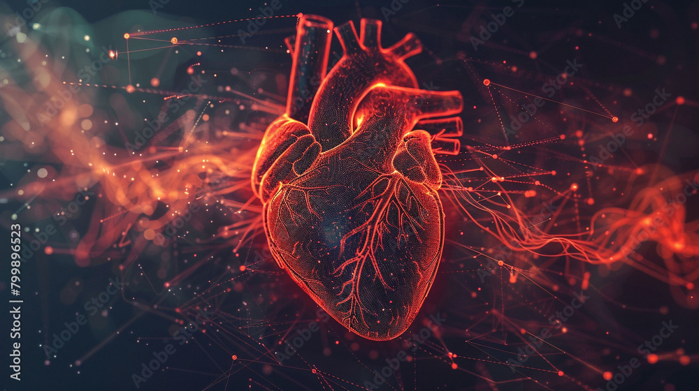 stylized red heart cardiogram weaving around a conceptual human heart ...