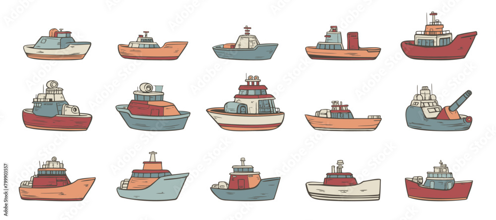Cartoon Boats Hand-Drawn Set. Toys ships Various Styles and Designs ...