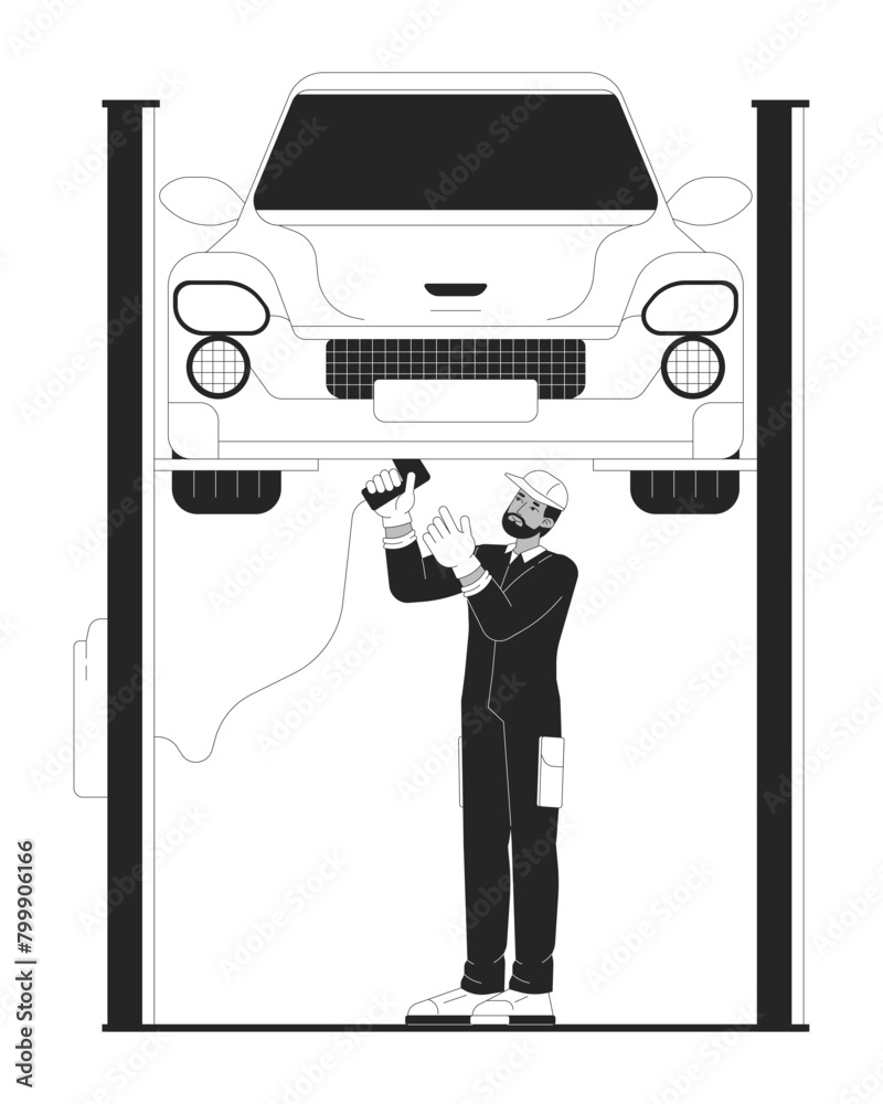 Vetor de Black man mechanic repairing car on elevator black and white ...