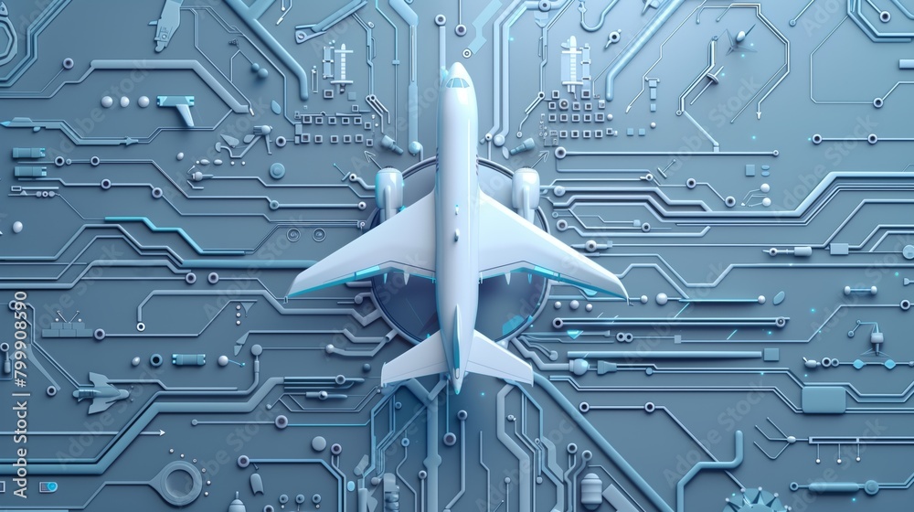 Detailed illustration of a white airplane centralized over a complex ...