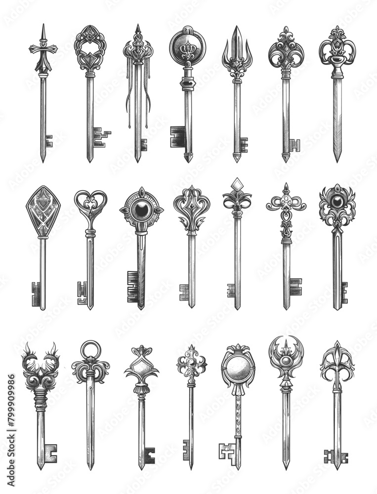 Linear sketch Keys in Fantasy Style. Ething Key Vector Designs with ...
