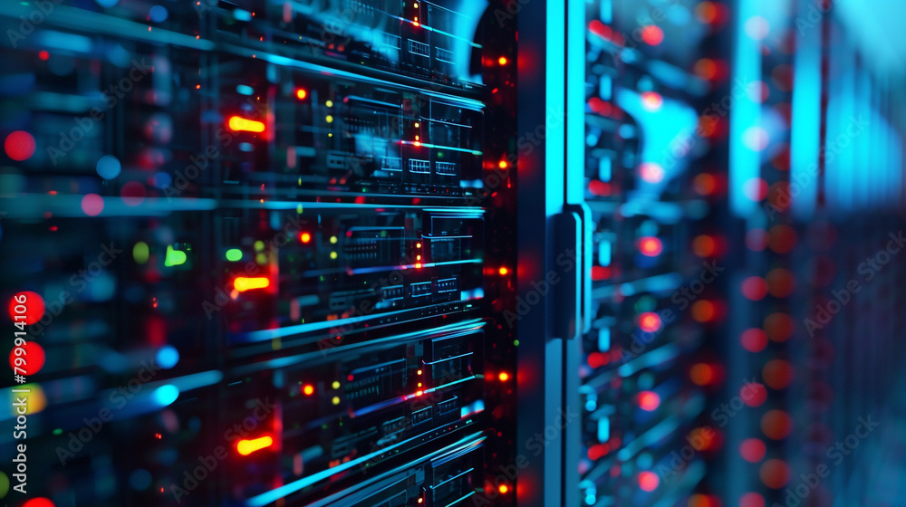 server room filled with rows of high-capacity storage units and network ...