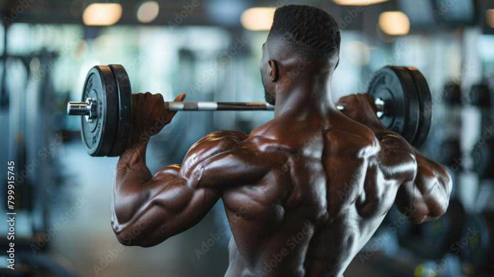 A muscular black man performs a dumbbell row exercise in a gym ...