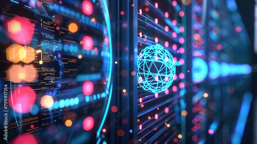 High tech server visualization, displaying particle data streams ...