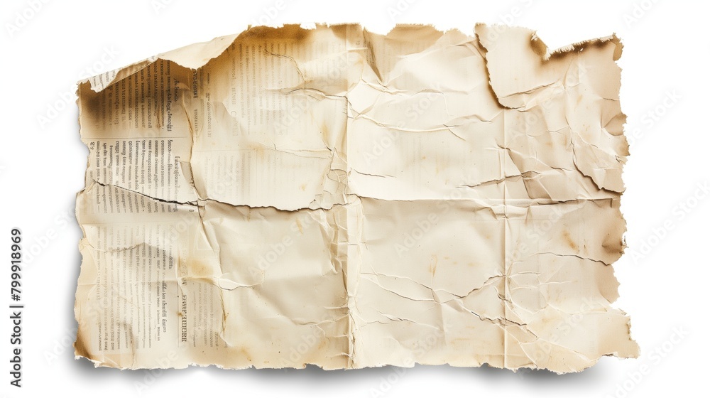 Aged, tattered newspaper pages with creases and stains, isolated on ...