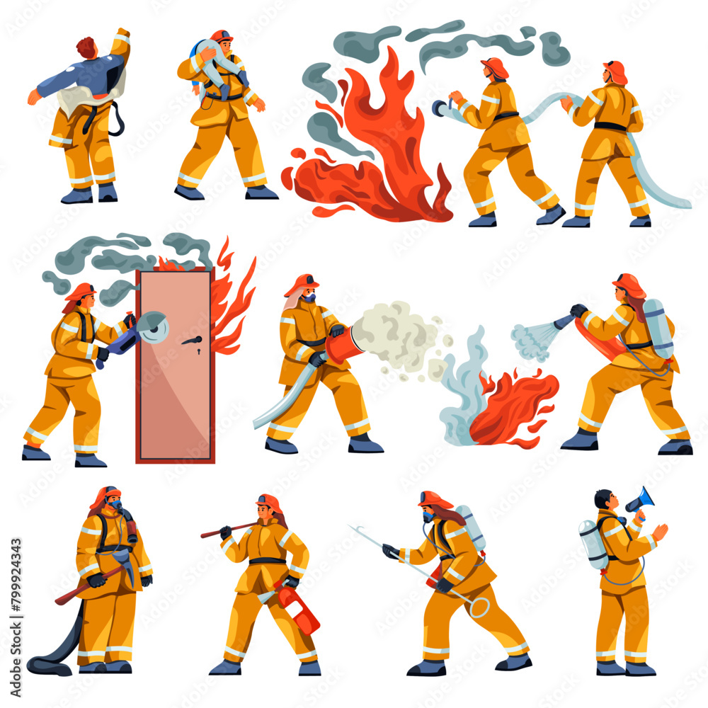 Cartoon fireman characters. Firefighters in uniform working rescue ...