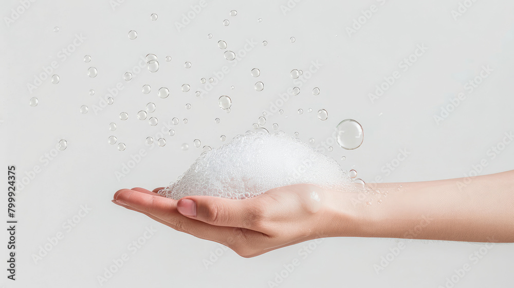 Bubbles float on a woman's hand against a white backdrop. White foam ...