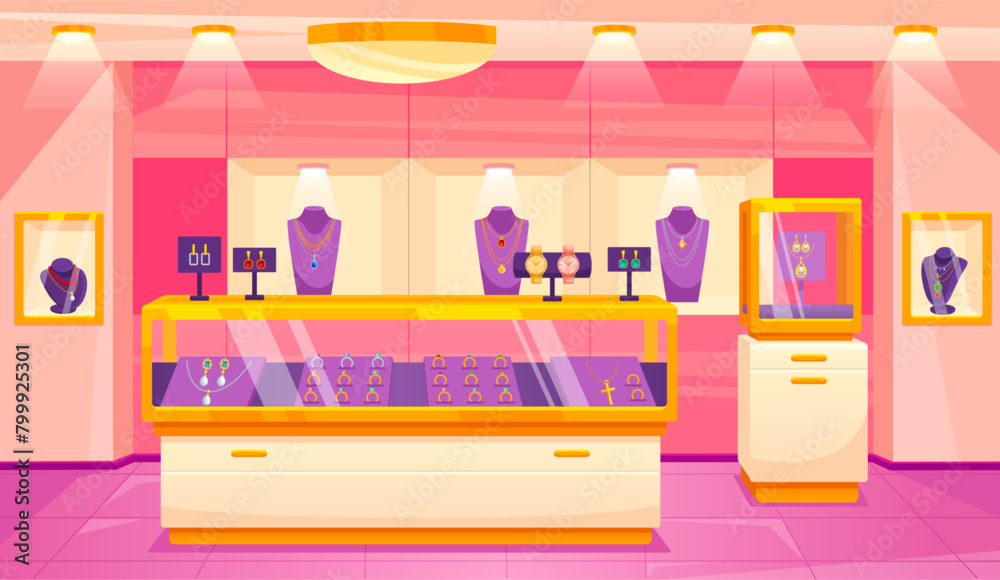 Jewelry store interior. Jewellery shop luxury exhibition cartoon jewel ...
