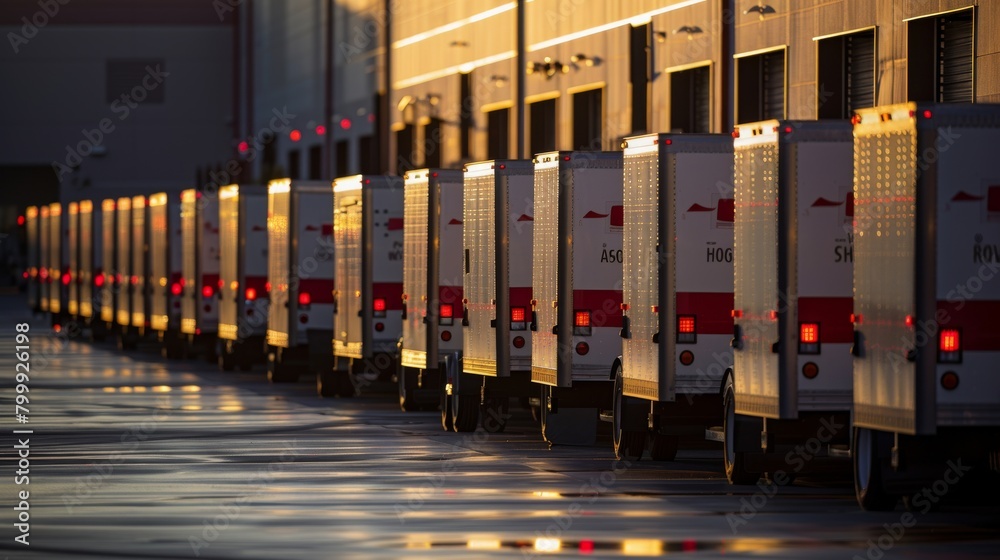 Delivery trucks lined up at a distribution center, ready for dispatch ...