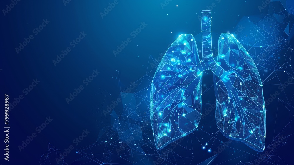 Lungs in a realistic, kinetographic style, featuring blue neon detailed ...