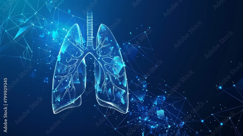 Lungs in a realistic, kinetographic style, featuring blue neon detailed ...