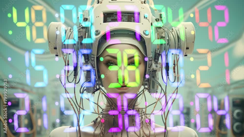 sequence of space age retro female robots with TV screen, headphones ...