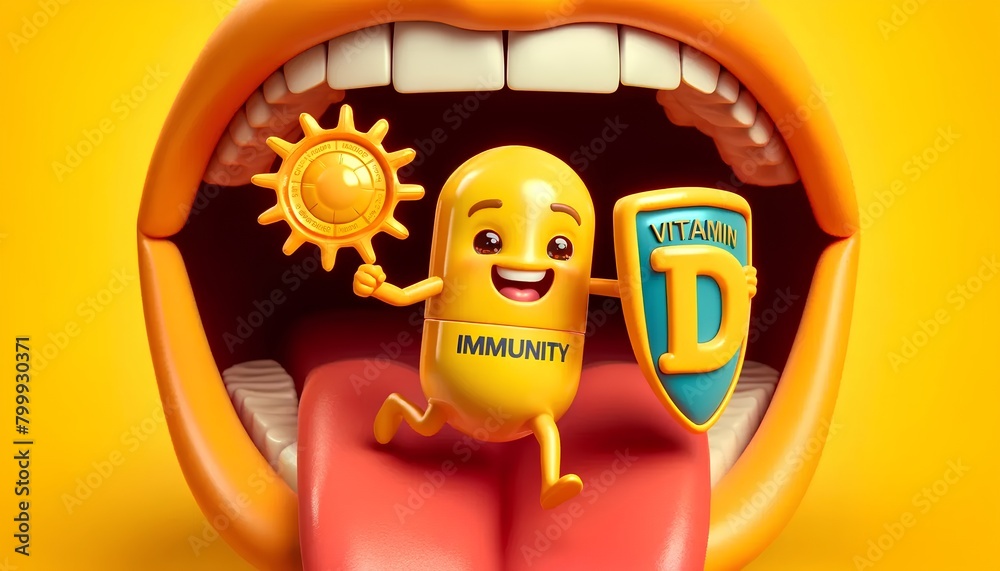 A humorous cartoon character holding a bottle of Vitamin D capsules ...