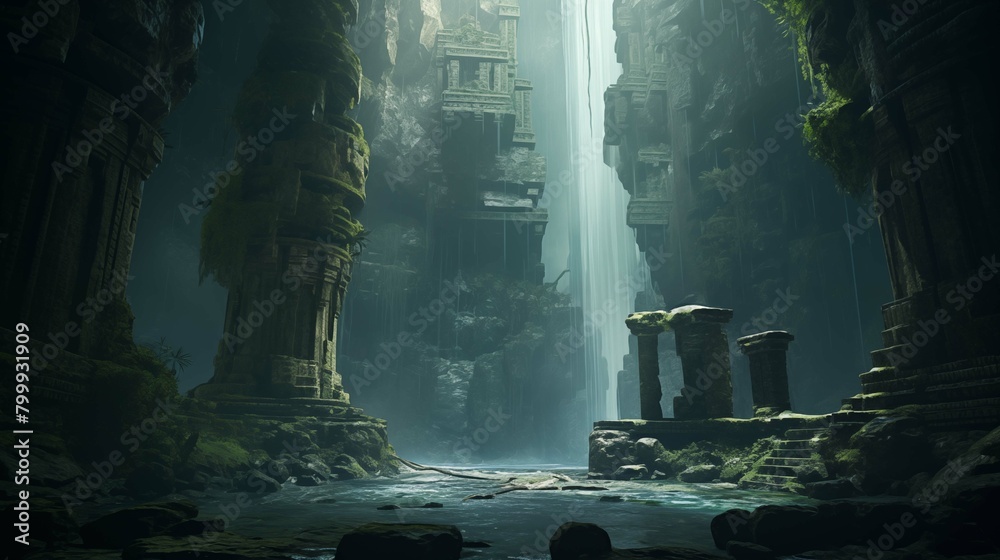 Sunlight filters through forgotten temple illustration. Jungle-covered ... Sunlight filters through forgotten temple illustration. Jungle-covered ...