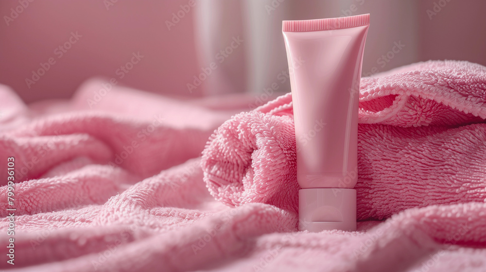 Blank cosmetic plastic tube mockup pastel baby pink cream lotion gel ...