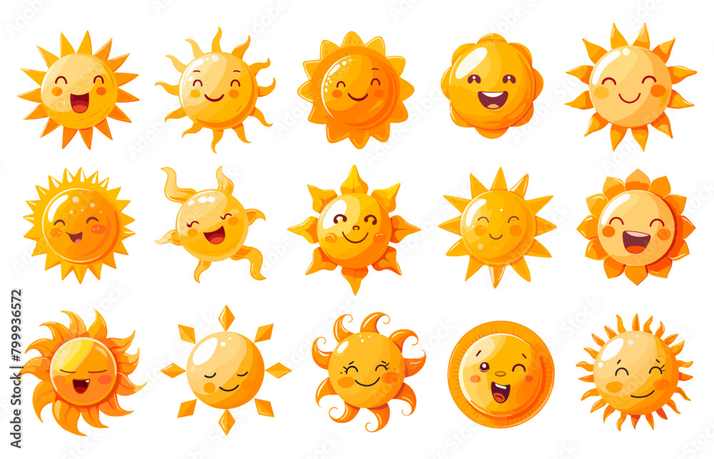 Cartoon cute suns icons, funny smile sun character face comic sunshine ...