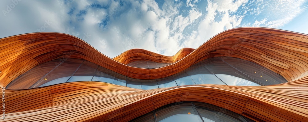 abstract building with wooden facade pattern on a blue sky background ...
