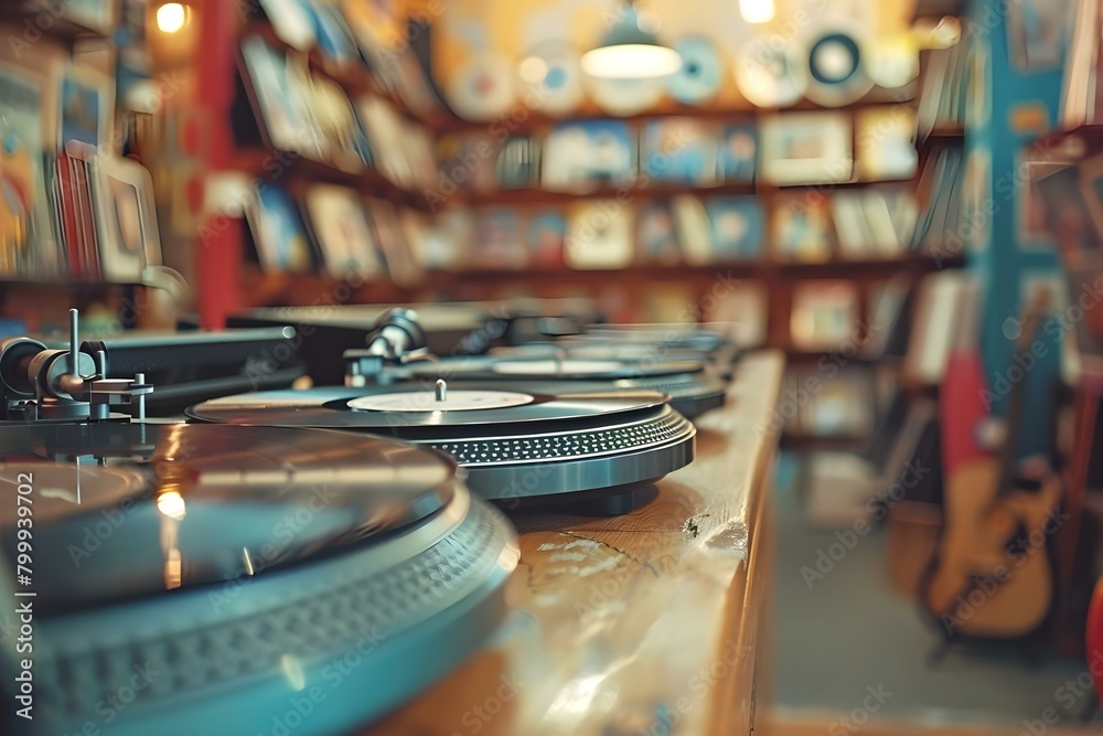 Interior of a music store featuring turntables vinyl records and wooden ...